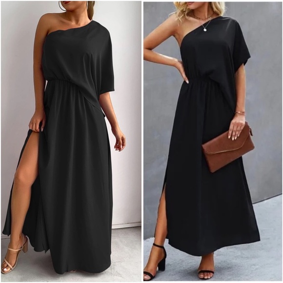 Bellanblue Dresses Luxe Black One Shoulder Solid Party Wedding Prom